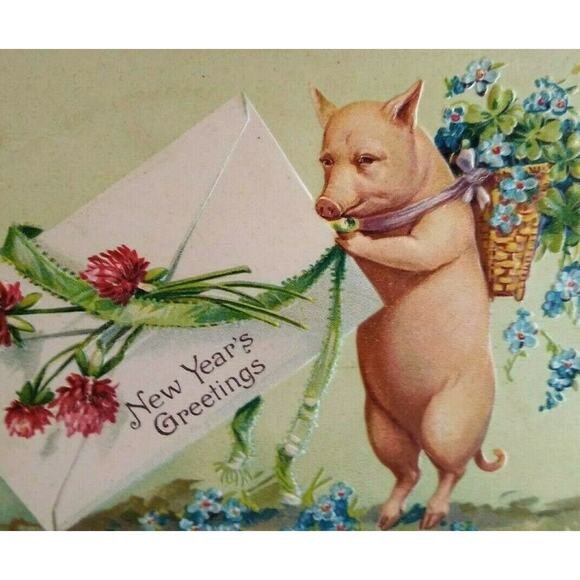 Art | New Year Postcard Humanized Pig Standing With Letter And Basket ...
